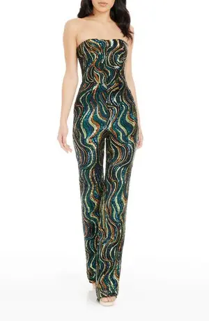 Dress The Population Andy Sequin Jumpsuit - Teal Multi