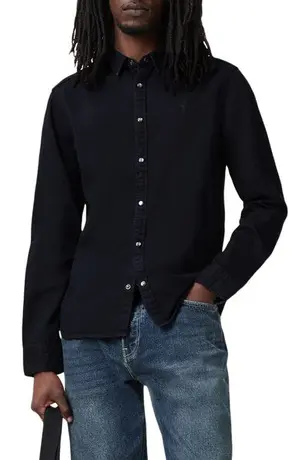 ALLSAINTS Gleason Cotton Denim Snap-up Shirt Blue Black