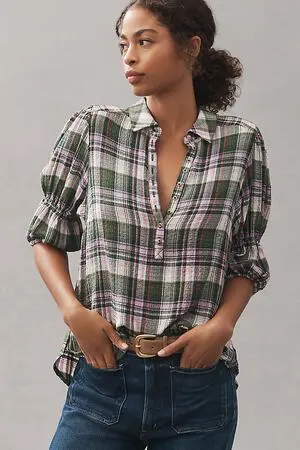 PILCRO Tallulah Puff-sleeve Plaid Buttondown Top