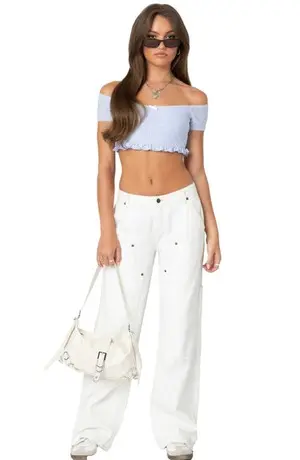 EDIKTED Eyelet Off The Shoulder Crop Top