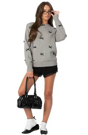 EDIKTED Bow Oversized Sweater - Gray-melange