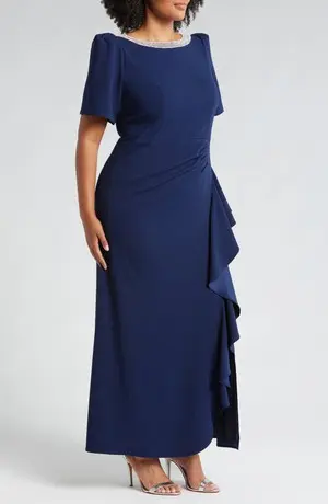 Alex Evenings Embellished Ruffle Gown - Navy