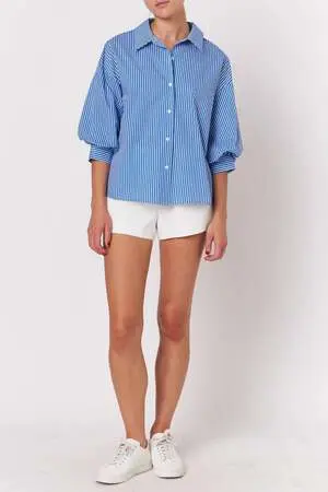 English Factory Striped Puff Sleeve Button Down Top In - Blue
