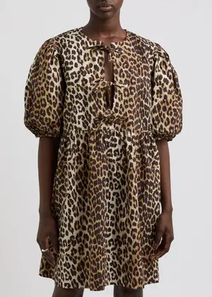GANNI Printed Cotton-poplin Mini Dress - Leopard