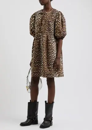 GANNI Printed Cotton-poplin Mini Dress - Leopard