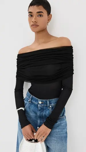 Christopher Esber Sonora Veiled Off-shoulder Knit Top