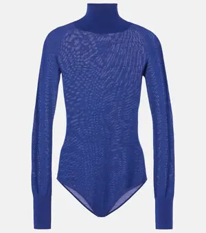 Alaïa Sheer Turtleneck Wool Bodysuit - Blue