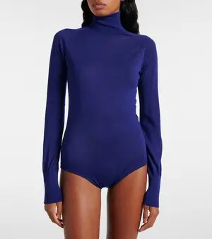 Alaïa Sheer Turtleneck Wool Bodysuit - Blue