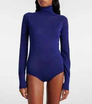 Alaïa Sheer Turtleneck Wool Bodysuit - Blue