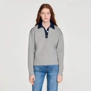 Sandro Knit Sweater With Denim Collar - Grey
