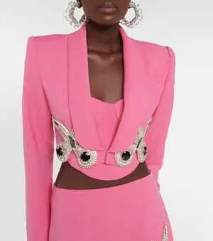 AREA Embellished Cropped Wool Blazer - Pink