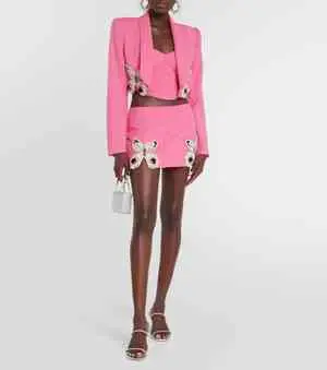 AREA Embellished Cropped Wool Blazer - Pink