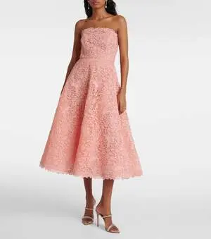 Carolina Herrera Strapless Guipure Lace Midi Dress