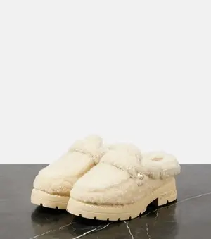 JIMMY CHOO Shea Shearling Platform Mules - White