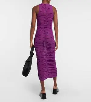 GANNI Printed Ruched Mesh Midi Dress