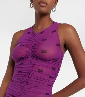GANNI Printed Ruched Mesh Midi Dress