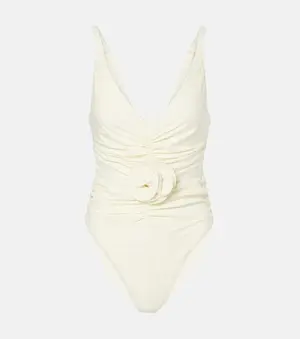 Magda Butrym Floral-appliqué Ruched One-piece Swimsuit - White