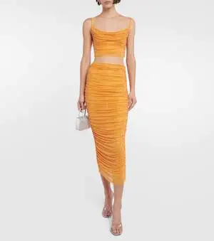 SELF-PORTRAIT Embellished Ruched Midi Skirt