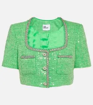 SELF-PORTRAIT Sequined Embellished Boucle Crop Top