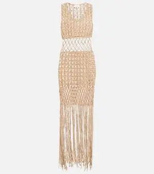 Anna Kosturova Fringe-trimmed Crochet Midi Dress - Gold