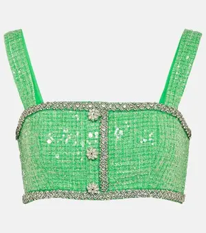 SELF-PORTRAIT Embellished Sequined Bouclé Crop Top - Green