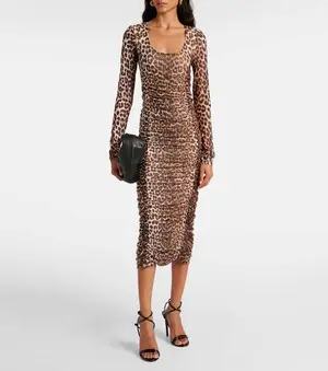 GANNI Leopard-print Ruched Mesh Midi Dress