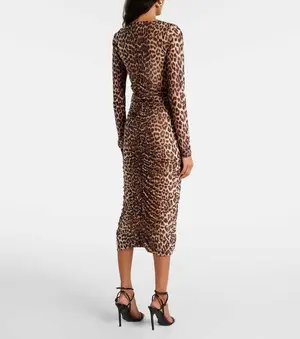 GANNI Leopard-print Ruched Mesh Midi Dress