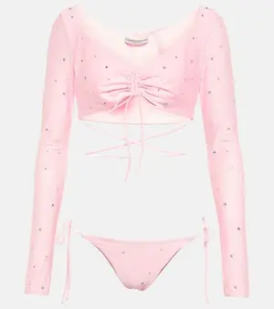 Alessandra Rich Crystal-embellished Ruched Bikini - Pink