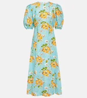 ALEMAIS Floral Linen Midi Dress With Puff Sleeves - Blue