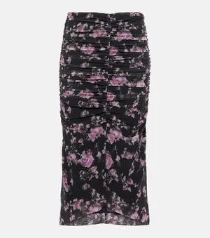 GANNI Floral Ruched Mesh Midi Skirt