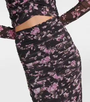 GANNI Floral Ruched Mesh Midi Skirt