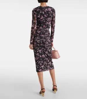 GANNI Floral Ruched Mesh Midi Skirt