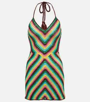 Anna Kosturova Striped Crochet Cotton Minidress
