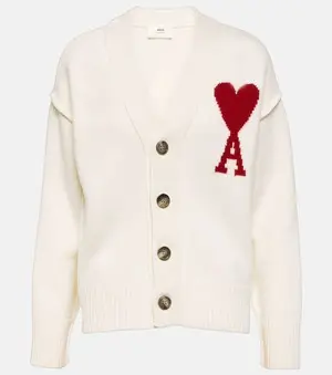 AMI Paris De Coeur Virgin Wool Cardigan - White