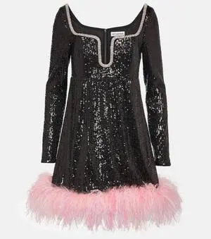 SELF-PORTRAIT Feather-trimmed Sequined Minidress