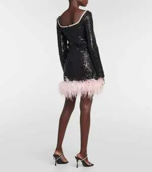 SELF-PORTRAIT Feather-trimmed Sequined Minidress