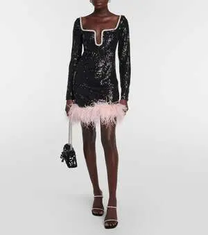 SELF-PORTRAIT Feather-trimmed Sequined Minidress
