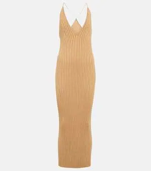 Galvan Rhea Rib-knit Halterneck Midi Dress - Beige