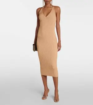 Galvan Rhea Rib-knit Halterneck Midi Dress - Beige