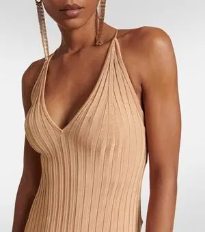 Galvan Rhea Rib-knit Halterneck Midi Dress - Beige
