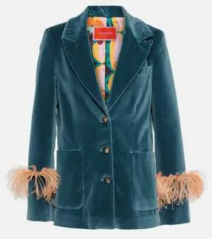 La DoubleJ Feather-trimmed Velvet Blazer - Blue