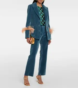 La DoubleJ Feather-trimmed Cotton Velvet Blazer
