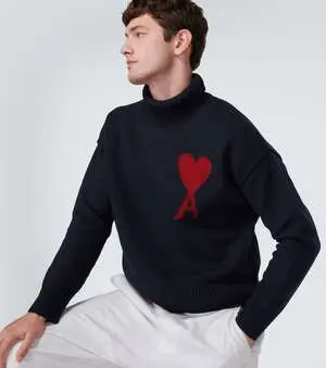 AMI Paris De Coeur Virgin Wool Turtleneck Sweater - Blue