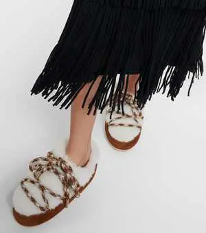 Moon Boot Suede-trimmed Shearling Mules - White