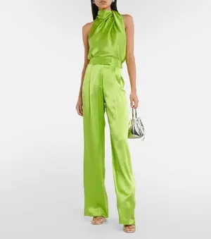 THE SEI Draped High-neck Silk Satin Top - Green