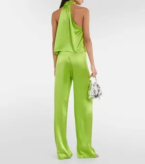 THE SEI Draped High-neck Silk Satin Top - Green