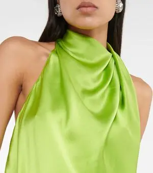 THE SEI Draped High-neck Silk Satin Top - Green