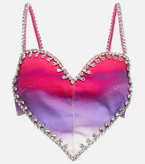 AREA Cropped Embellished Ombre Denim Top - Pink