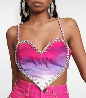 AREA Cropped Embellished Ombre Denim Top