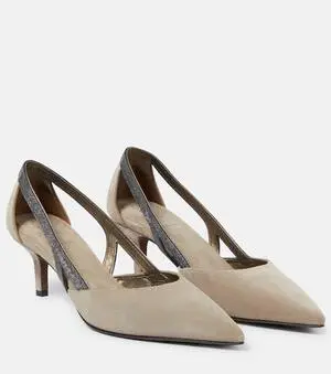 Brunello Cucinelli Embellished Suede Slingback Pumps - Beige